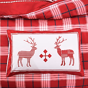Christmas Duvet Cover Set King, Reversible Reindeer Red Plaid Comforter Cover with Zipper Closure, 3 Pieces Soft Microfiber New Year Xmas Holiday Bedding Cover Set with 2 Pillowcases