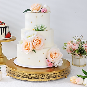 ALEXPRE 16" Cake Stand, Round Metal Large Cake Stand Dessert Display Stand Lace Wedding Cake Stand with Cake Cutting Set for Brithday Party Celebration Baby Shower Dessert Cupcake Display Plates(Gold)