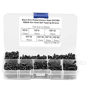 Button Head Screws, 500PCS M3 Cross Drive Button Head Self-Tapping Screws Fastener Assortment Set with Plastic Box Head Bolts Stainless Button Head Screws (Black Carbon Steel)