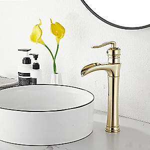 Brushed Gold Bathroom Faucet GGStudy Waterfall Bathroom Faucet Single Handle One Hole Tall Body Farmhouse Bathroom Vessel Sink Faucet Vanity Faucet Matching with Pop Up Drain