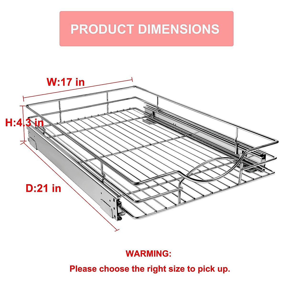 Sikarou Pull Out Cabinet Organizer 17" W x 21" D, Heavy Duty Kitchen Cabinet Pull Out Shelves, Slide Out Wire Basket for Kitchen Cabinets, Bathroom, Pantry, Chrome Finish