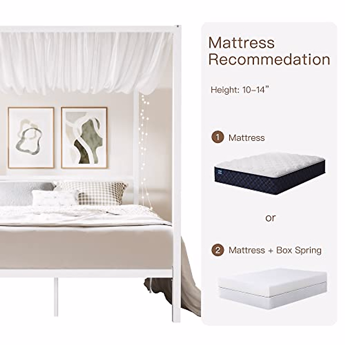 ikalido Full Size Metal Canopy Bed Frame, Modern Four-Poster Platform Bed Frame, Mattress Foundation with Wood Slat Support/Under-Bed Storage Space/No Box Spring Needed/White