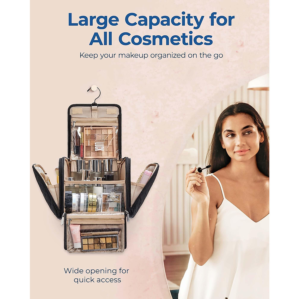 BAGSMART Makeup Bag for Women with Hanging Hook - Portable Cosmetic Case, Large Capacity Door Room Essentials Travel Organizer for Full Sized Cosmetics and Toiletries, Black