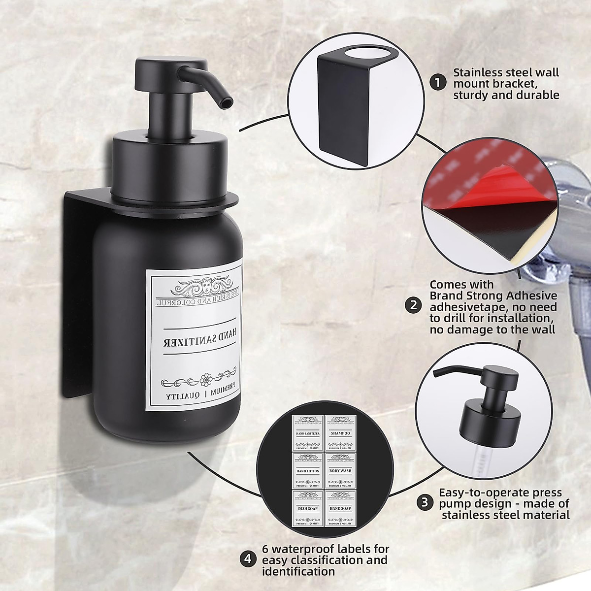 Nobtou Black Soap Dispenser Wall Mount for Bathroom - 8.5 Oz Glass Hand Soap Dispenser with Pump and Drill-Free Wall Mount Holders, Shower Soap Dispenser with Waterproof Labels