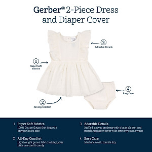 Gerber Baby Girls' 2 Piece Dress and Diaper Cover Set, Ivory, 12 Months