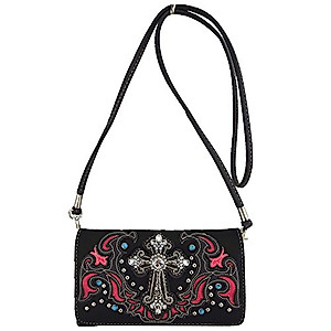 Western Style Rhinestone Cross Tote Concealed Carry Purse Laser Cut Handbag Women Shoulder Bag Wallet Set (Black/Fuchsia Set)