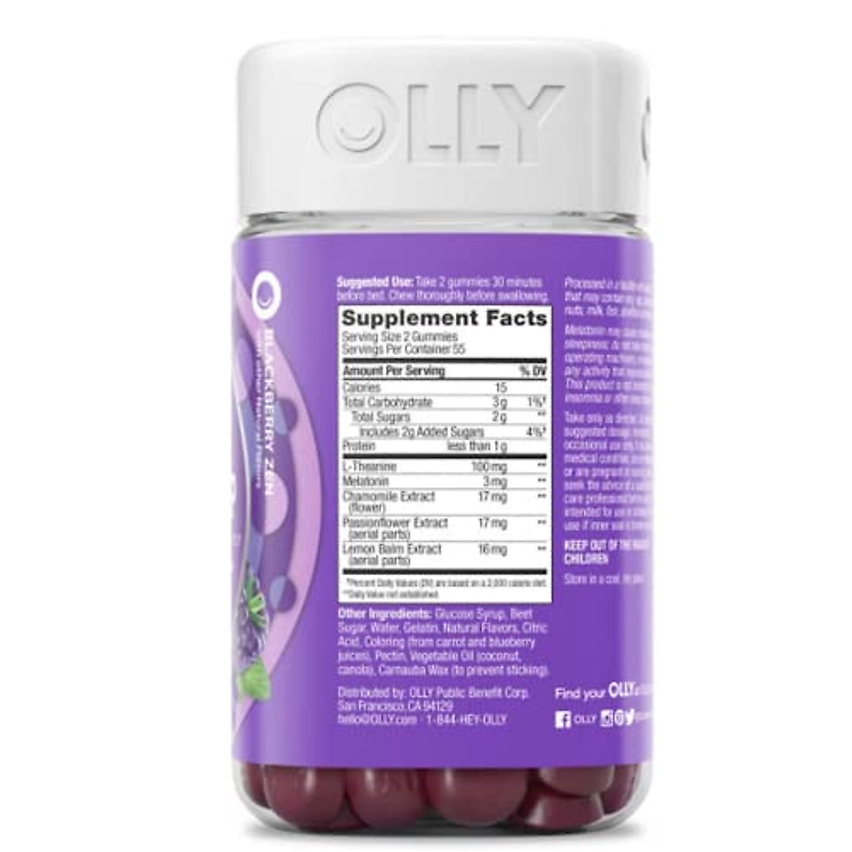 OLLY Restful Sleep Gummy Supplement with Melatonin & L-theanine Chamomile, BlackBerry Zen, (55 Day Supply) Supports A Healthy Sleep Cycle* Packaging May Vary (110 Gummies)