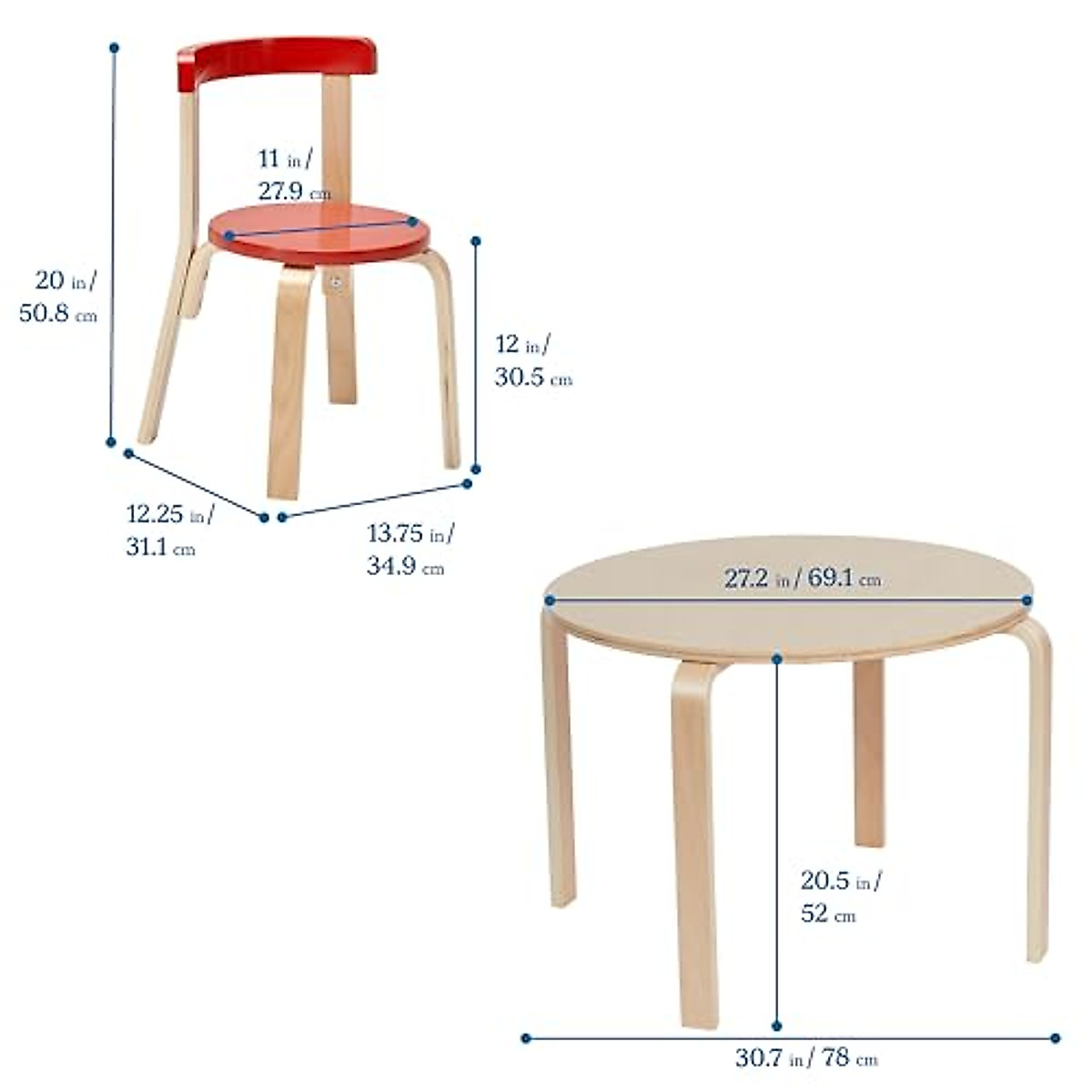 ECR4Kids Bentwood Round Table and Curved Back Chair Set, Kids Furniture, Assorted, 5-Piece