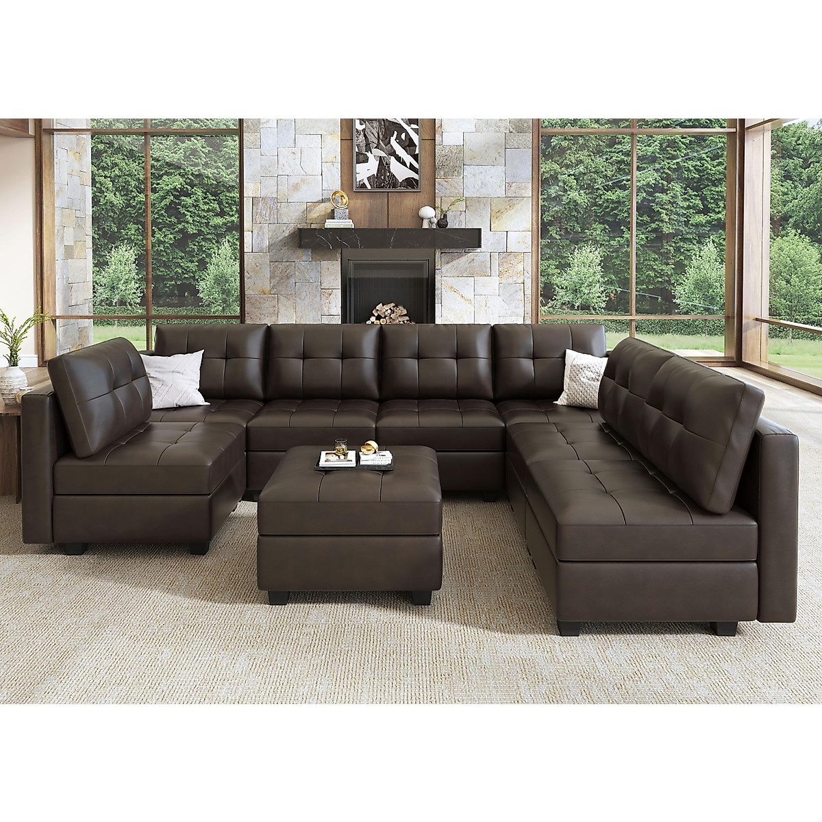 HONBAY Modular Sectional Couch with Storage, U Shaped Couch with Ottomans and Chaises Faux Leather 8-Seater Sectional Sofa for Living Room, Brown