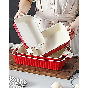 MALACASA Casserole Dishes for Oven, Porcelain Baking Dishes, Ceramic Bakeware Sets of 4, Rectangular Lasagna Pans Deep with Handles for Baking Cake Kitchen, Red (9.4"/11.1"/12.2"/14.7"), Series BAKE.BAKE