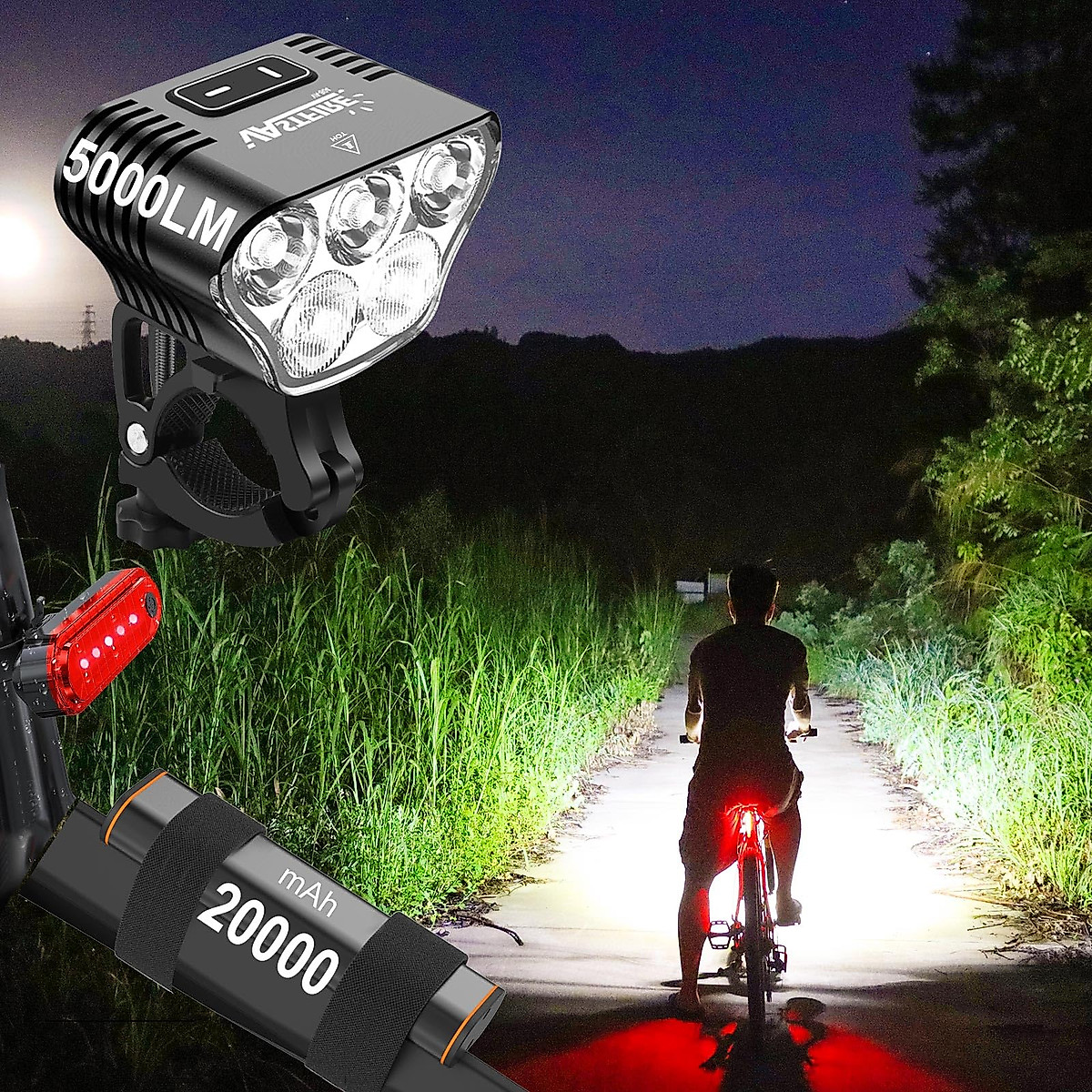 Bike Lights for Night Riding Aluminum Mounts Front and Back 5000 Lumen 12h 20000mah External Battery Pack for Night Riders, Mountain Bikers, Off-Road Cyclists