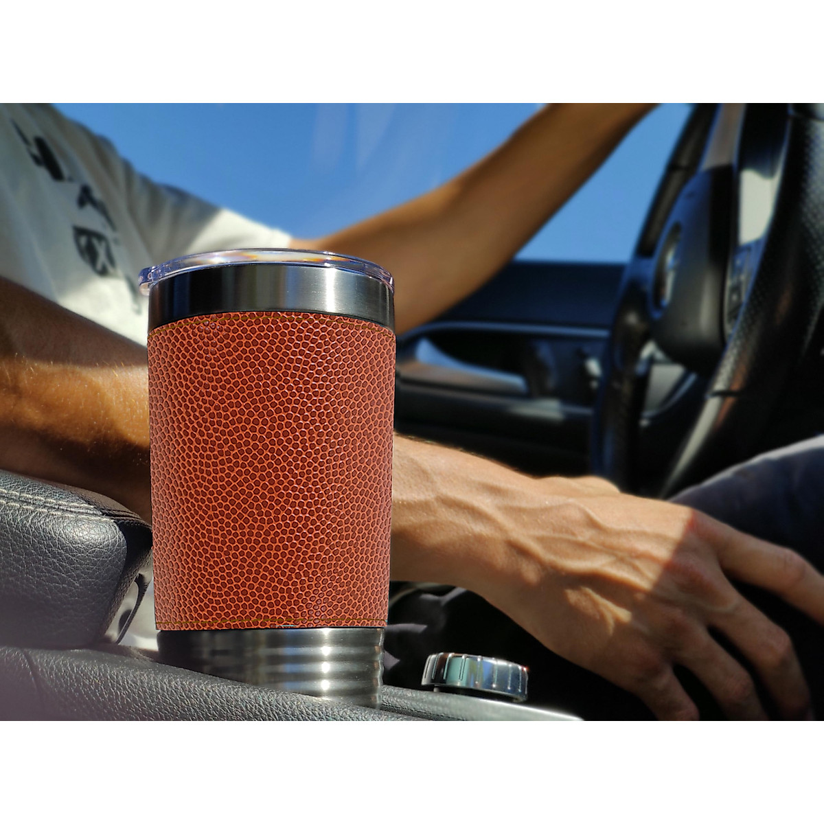 LaserGram 20oz Vacuum Insulated Tumbler Mug, Hawaiian Sea Turtle, Personalized Engraving Included (Faux Leather, Basketball Style)