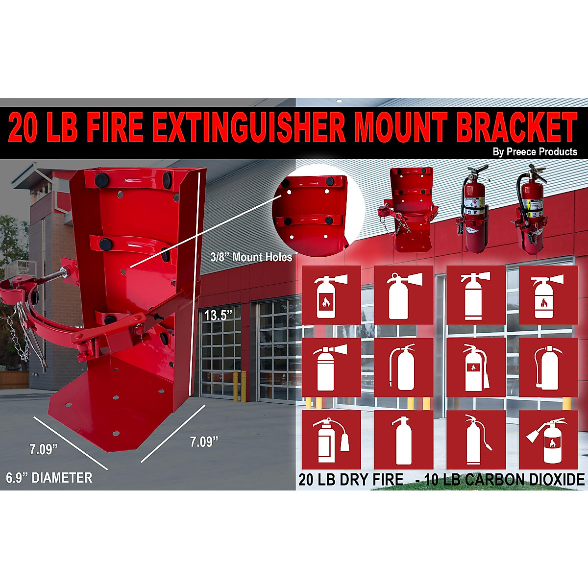 Heavy Duty 20 LB Fire Extinguisher Mount Bracket for Vehicle and Building for 20lb Dry and 10lb Co2 6.9" Diameter, Generic for 810 by amerex - Preece Precision