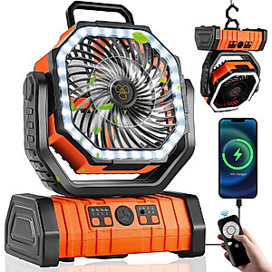 20000mAh Camping Fan with LED Lantern, Rechargeble Battery Operated Fan with 270° Head Rotation & Hook, Battery Operated Tents Fan with Remote for Picnic, Barbecue, Fishing, Travel, Home Outages