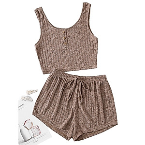 GORGLITTER Women's Sleeveless Button Front Ribbed Crop Tank Top and Elastic Waist Sleepwear Shorts Pajama Set Mocha Brown X-Large