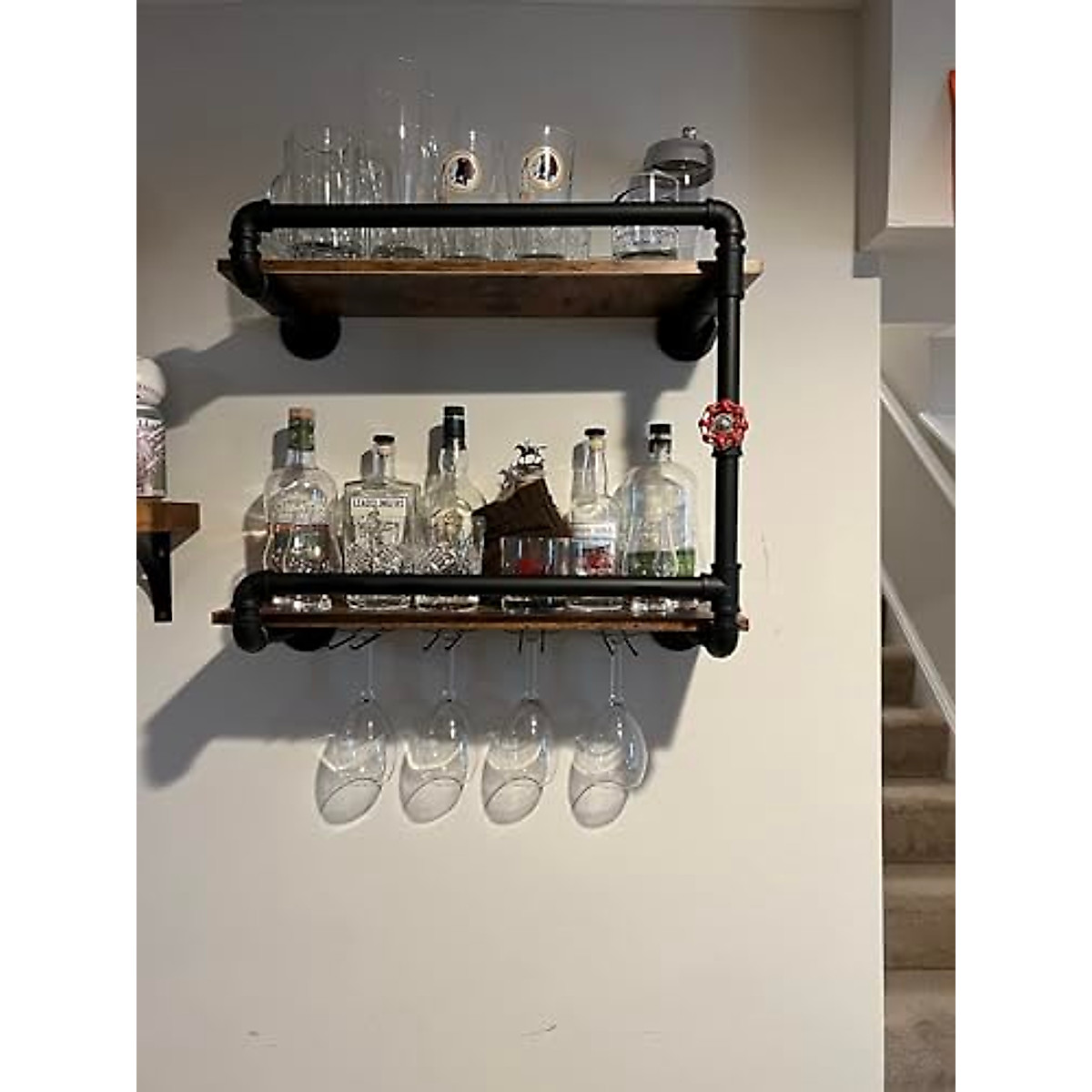 BOTAOYIYI Wine Rack Wall Mounted 2 Tier, Hanging Floating Small Mini Bar Liquor Shelves with Glass Holder Storage Under, Industrial Rustic Pipe Farmhouse Kitchen Decor Black(23.6x10.6x19.7)