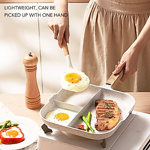 Zerodis 3 in 1 Frying Pan, Aluminum Alloy Partitioned Non Stick 3 Section Divided Breakfast Pan Grill Pan Partitioned Multifunction Kitchen Egg Pan for Breakfast