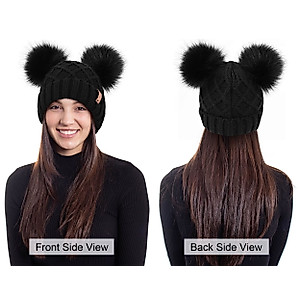 Arctic Paw Winter Cable Knit Fleece Lined Pom Pom Beanie for Women Black