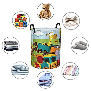 Laundry Basket,Cartoon Baby Safari Wild Animals In A Train With Striped Backdrop Toys Artwork,Large Canvas Fabric Lightweight Storage Basket/Toy Organizer/Dirty Clothes Collapsible Waterproof For College Dorms-Large