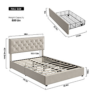 HOSTACK Full Size Bed Frame with 4 Storage Drawers, Modern Upholstered Platform Bed with Adjustable Headboard,Button Tufted Bed Frame with Wood Slat Support,No Box Spring Needed(Beige, Full)