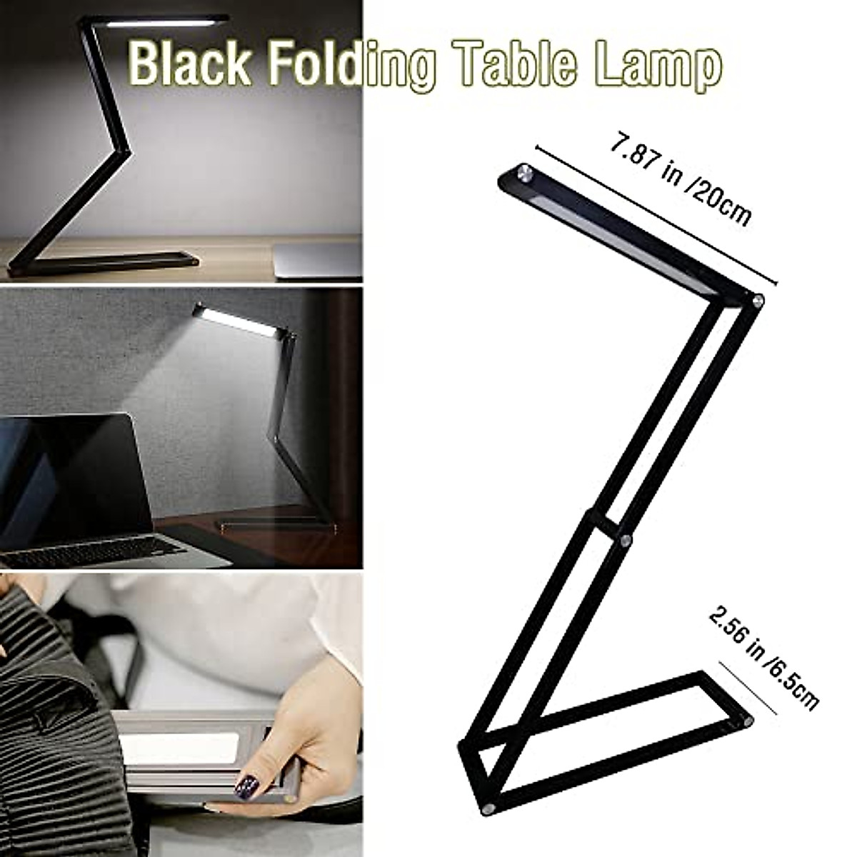 LEDHOLYT Foldable LED Desk Light, Slim Portable Rechargeable USB Table Light, Eye-Caring Aluminium Alloy Table Lamps,for Home, Reading, Studying, Work, Travel (Black)