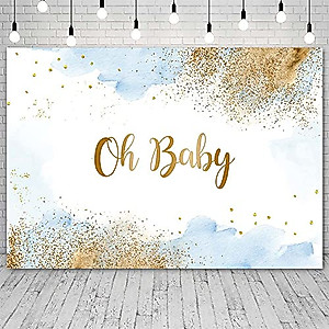 Sendy 7x5ft Oh Baby Backdrop for Boys Watercolor Pastel Photography Background Blue Clouds Gold Glitter Baby Shower Party Decorations Cake Table Banner Supplies Photo Studio Props