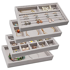 MINGRI Jewelry Organizer Trays,Earring Holder Tray Stackable Velvet Drawer Organizer Tray for Necklace,Ring,Bracelet Brooch Watch,Jewelry Storage Display Case Insert for Women Girls Set of 4 (Gray)