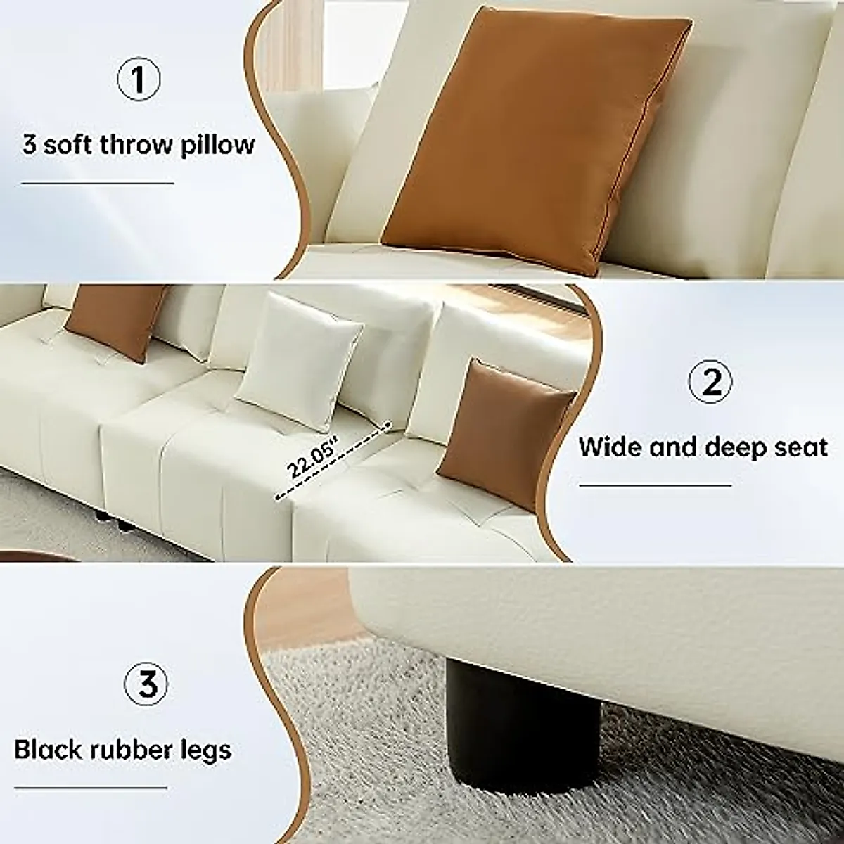 BAMOOLI 120'' Leather Curved Sectional Couches, Mid-Century Modern Leather Sectional Sofa Couches with 3 Pillows, Modular Sectional Couch Real Leather Sofas for Living Room, Bedroom, Apartment, Beige