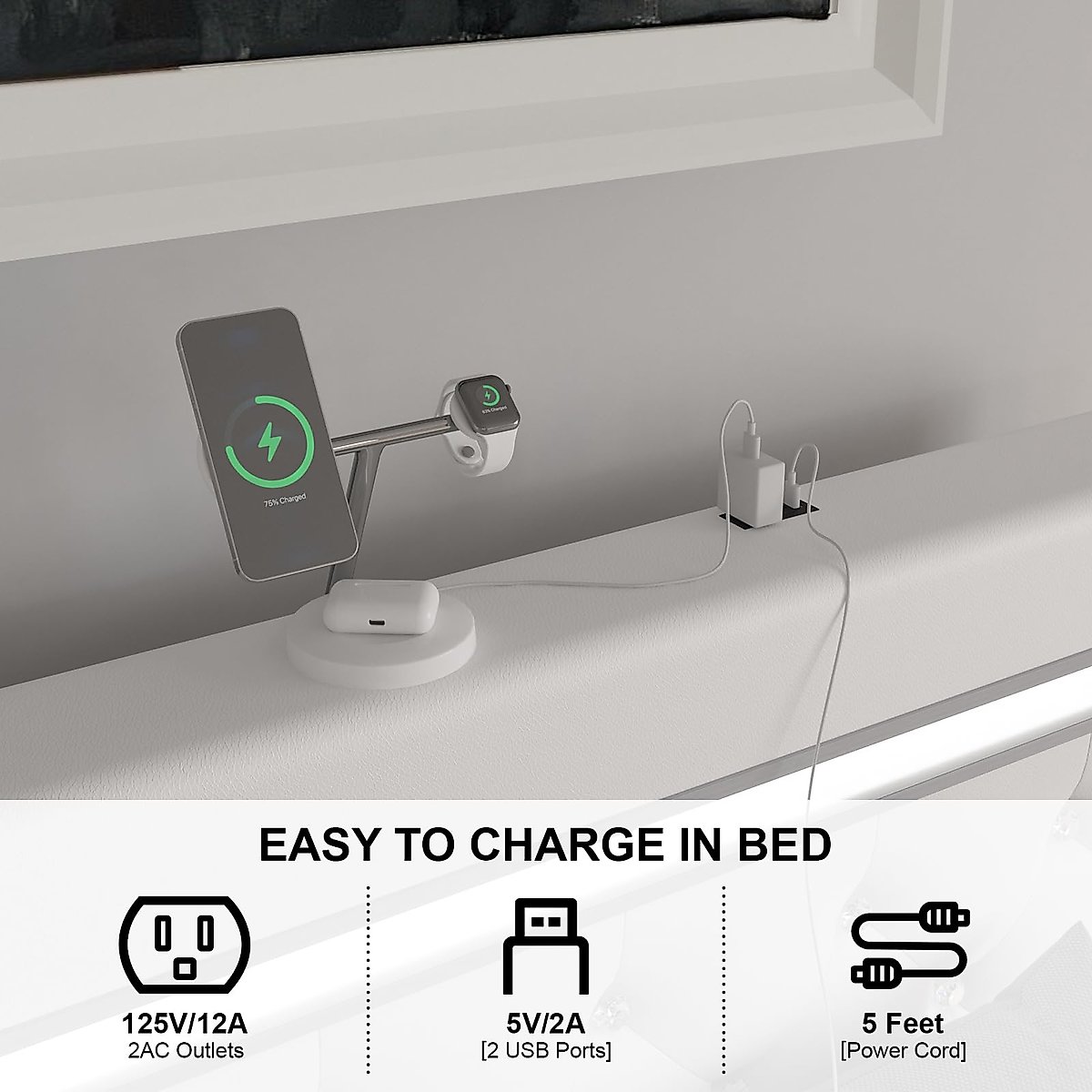 Benevika Full Size Bed Frame with LED Lights, Upholstered Platform Bed Frame, Adjustable Headboard with Charging Station, Wooden Slats Support, Easy Assembly, No Box Spring Needed, White
