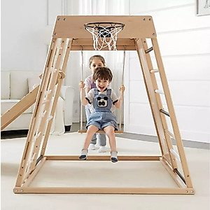 Hopscotch Squad Activity Indoor Kids Playground Jungle Climbing Gym, Toddlers Wooden 9-in-1 Play Set Climber