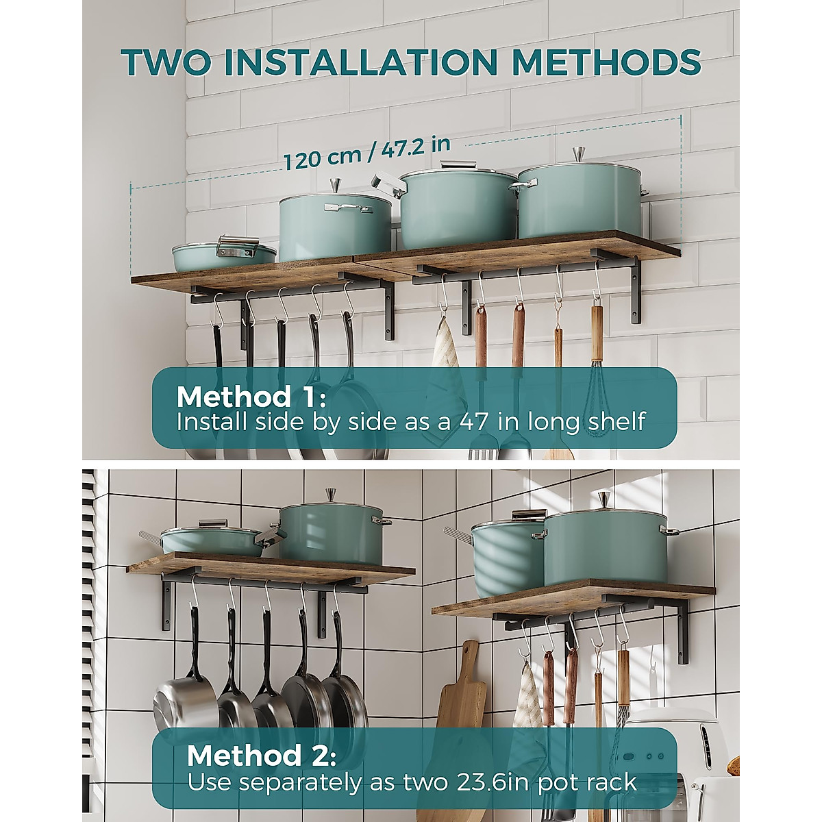 OROPY 2 Pack Wooden 23.6'' Pot Pan Hanging Rack Wall Mounted with 10 S Hooks, Set of 2 Large Pot Wall Holder Kitchen Shelves for Utensils, Cookware