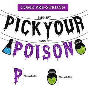 JKQ Glittery Pick Your Poison Banner and Halloween Hanging Swirls Decorations Halloween Haunted Mansion Banner Halloween Witches Party Decorations Supplies for Home Mantle