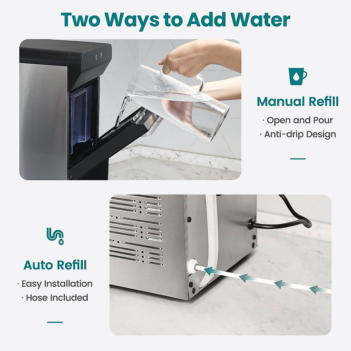 Gevi Household V2.0 Countertop Gemi Nugget Ice Maker | Self-Cleaning Pellet Ice Machine | Open and Pour Water Refill | Stainless Steel Housing | Fit Under Wall Cabinet | Black