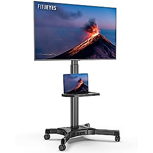 FITUEYES Tall TV Cart Mobile TV Stand for 32 to 70 Inch LED LCD Flat Curved Screen TVs Rolling Black Swivel Floor Stand with Height Adjustable Shelf & Lockable Casters - VESA 600x400mm, holds up 88lbs