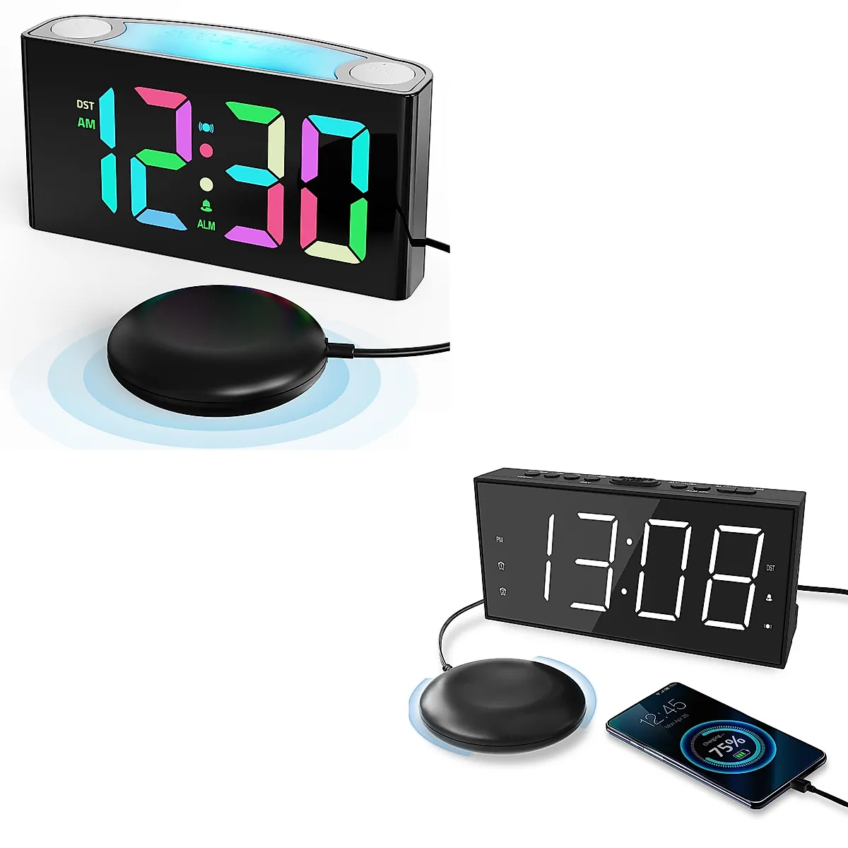 Roxicosly Loud Bed Shaker Alarm Clock for Heavy Sleepers + Vibrating Alarm Clock with RGB Digits & Colorful Night Light
