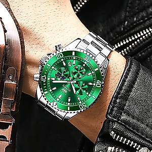 OLEVS Mens Watches Green Chronograph Luxury Dress Moon Phase Quartz Stainless Steel Waterproof Luminous Business Calendar Wrist Watch