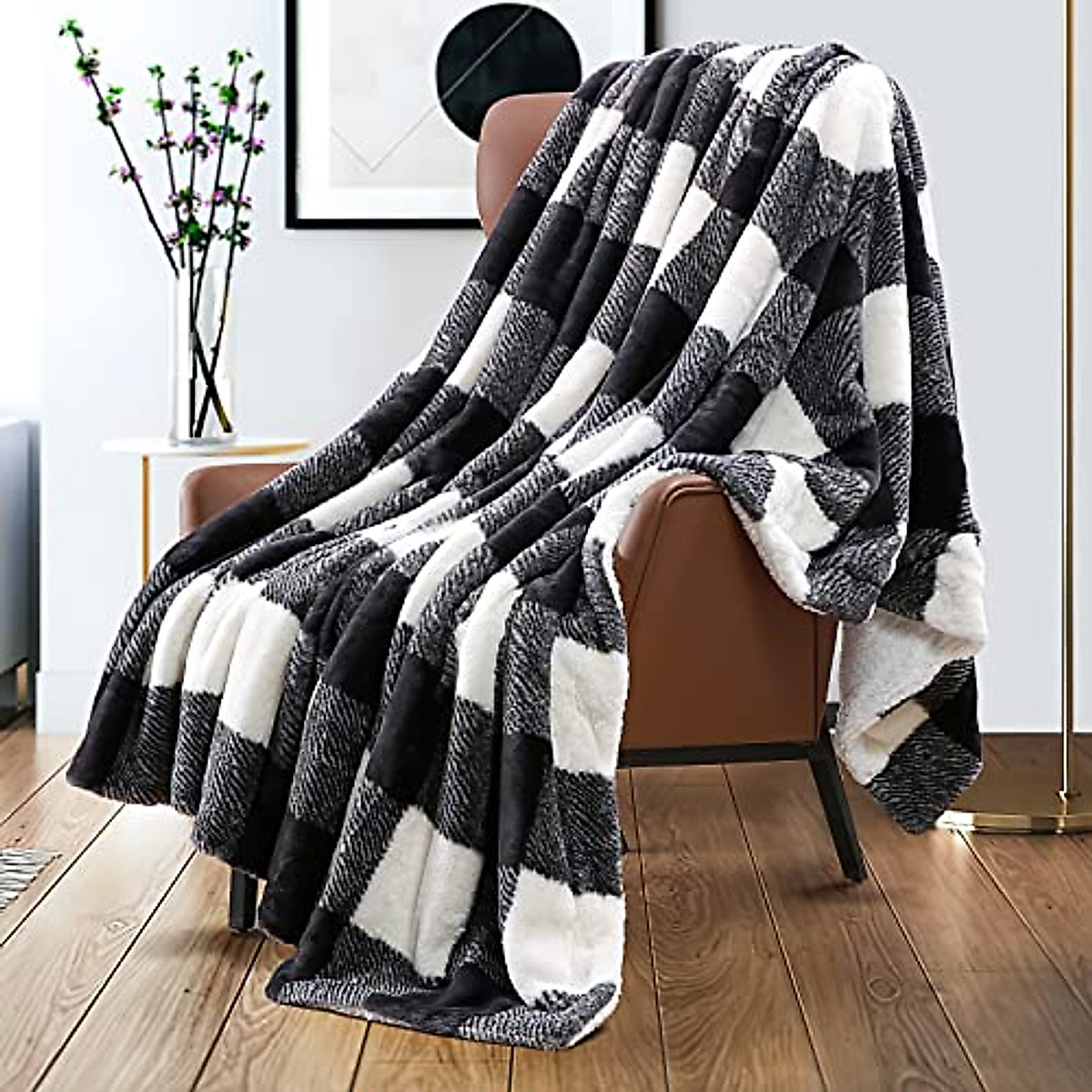Monbix Queen Sherpa Throw Blankets Soft Fuzzy Warm, Fluffy Throw Blankets Couch Fleece, Throw Blankets Bed Cozy Machine Washable Faux Fur Plush Thick Comfy Buffalo Plaid Furry Sofa 380gsm 180gsm 90x90