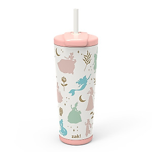 Zak Designs Disney Princess Straw Tumbler for Travel, 24oz Stainless Steel with Vacuum Insulation and Non-Skid Base (Ariel, Aurora, Belle, Cinderella, Jasmine, Moana, Rapunzel, Tiana)