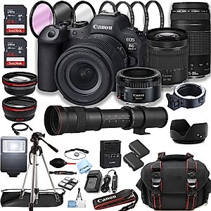 Canon EOS R6 Mark II Mirrorless Digital Camera with RF 24-105mm STM Lens + 75-300mm Lens + 50mm STM Lens +420-800mm Super Telephoto Lens + 128GB Memory + Case + Tripod + Filters (45pc Bundle)