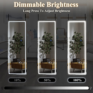 NeuType Full Length Mirror with Lights, 47"x16" LED Full Length Mirror, Over The Door Lighted Mirror with 2 Hangers, Dimmable Brightness & 3 Color, Wall Mirror for Bedroom, No Battery Required, White