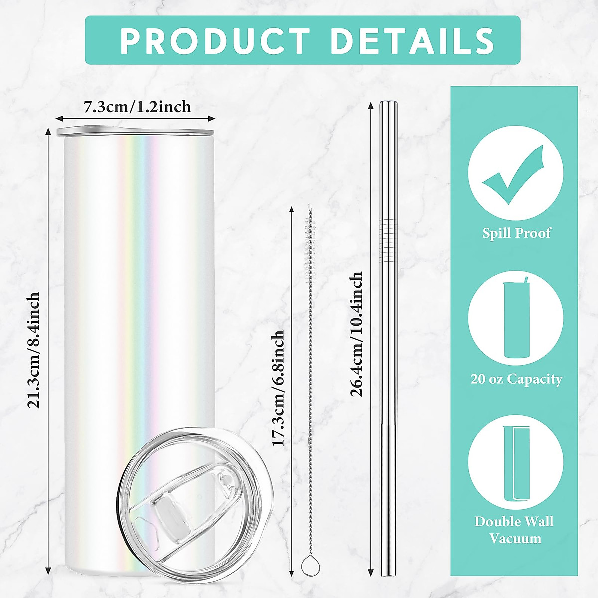 Roshtia 8 Pack Sublimation cups 20 oz Straight Skinny Tumbler Stainless Steel Glitter Tumblers Blank Double Wall Insulated Cups with Straw Brush, Lid and Straw for DIY Gift