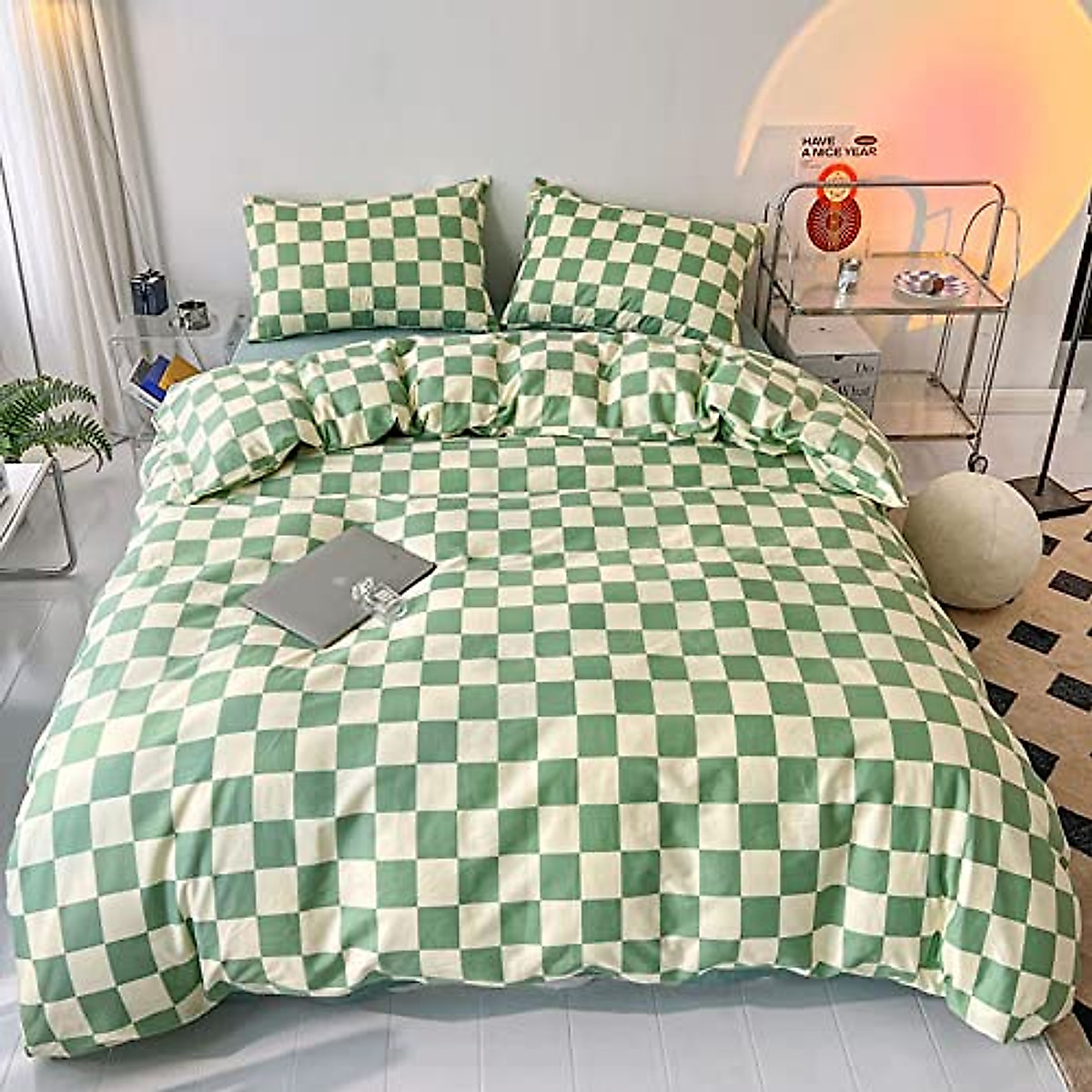 Wellboo Green White Plaid Comforter Sets Full Women Men Sage Green Checkerboard Grid Bedding Comforters Cotton Boys Girls Modern Grass Green and White Checkered Geometric Quilts Luxury Abstract Bed