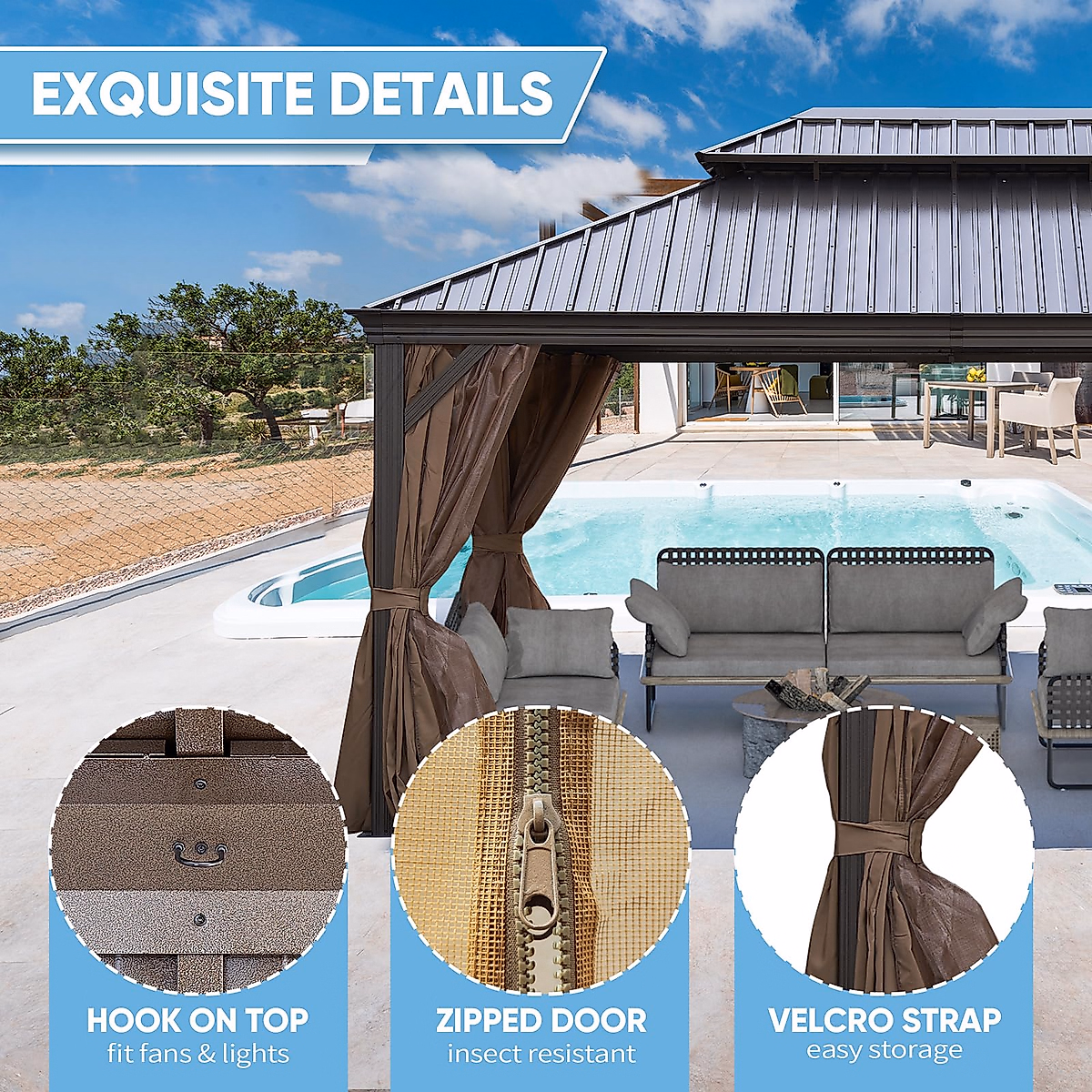 12’ X 12’ Hardtop Gazebo Double Roof Galvanized Steel Combined of Vertical Stripes Canopy Outdoor Aluminum Frame Patio Permanent Metal Pavilion with Nettings and Curtains for Deck Backyard Lawn Garden