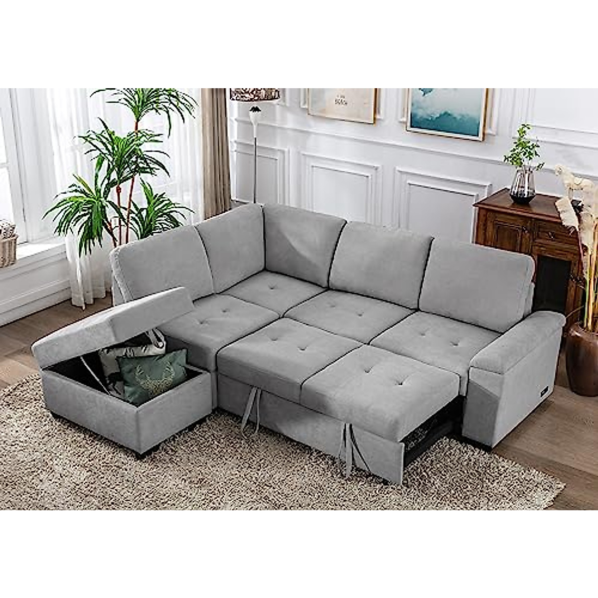 Merax Sofa Bed Sleeper Couch L Shaped Sofa with Storage Ottoman, L-Shape Sectional Couch with Comfortable backrest for Living Room and Small Apartment (Gray)