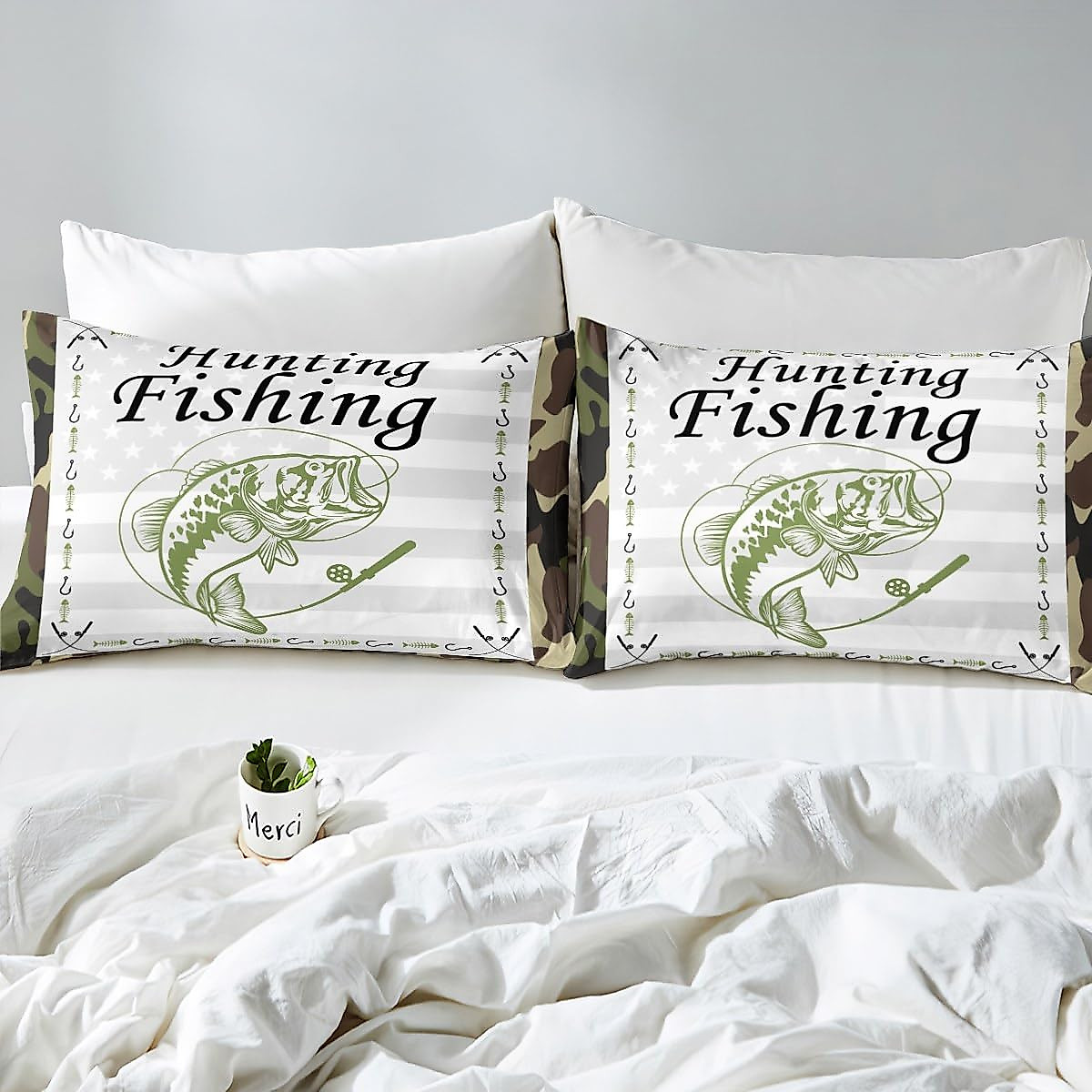 Hunting and Fishing Bed Sheet Set Full Size Pike Fish Fitted Sheet for Kids Adults Teens Boys Men Fisherman Fishhook Bedding Set Camo American Flag Bedding Sheets Bedroom Decor with 2 Pillow Case