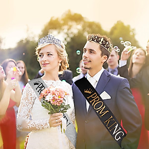 4 Pcs Prom King and Queen Crown Set with Sashes Prom King and Queen Sashes Suit Shiny Satin Prom Crowns Tiara Sash for Prom Birthday Wedding School Graduate Party Favors