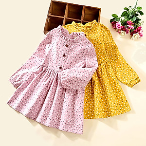 VINUOKER Toddler Baby Girls Floral Dress Long Sleeve Cotton Dress Fall Winter Midi Dress Little Girl Dress 2-7 Years Yellow