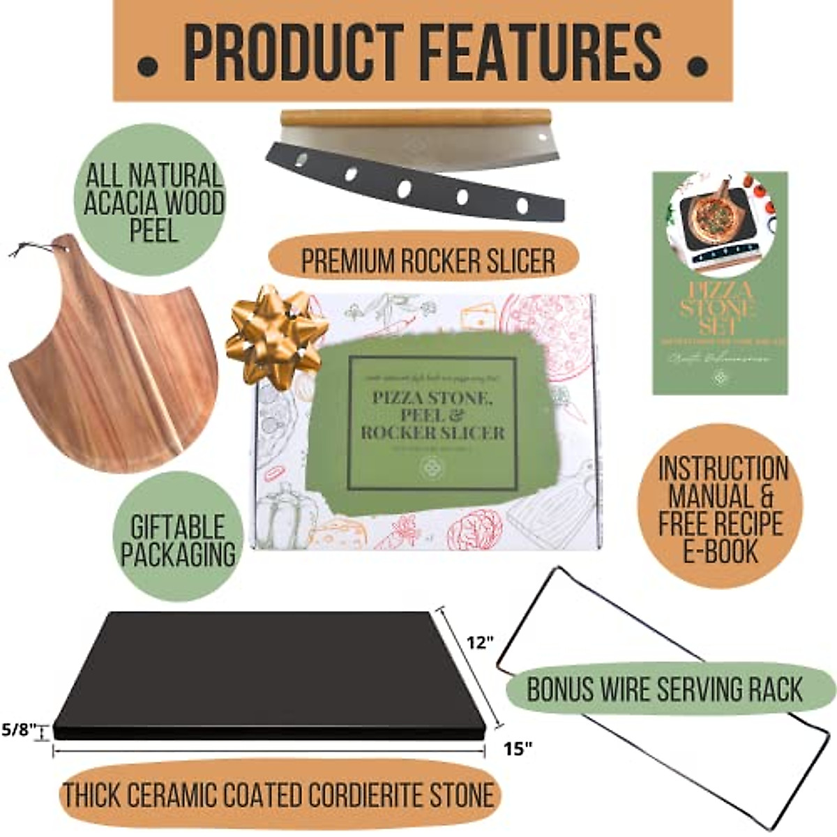 Advanced Pizza Stone for Oven and Grill - Ceramic Coated Non Stick with Wooden Pizza Peel Paddle & Pizza Cutter Set - Detachable Serving Handles - BBQ Grilling Accessories - 15" Large Stone