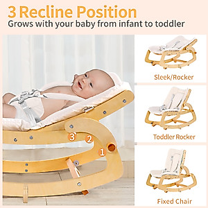 MallBest 3-in-1 Baby Bouncer Adjustable Wooden Rocker Chair Recliner with Removable Cushion and Seat Belt for Infant to Toddler (Beige)