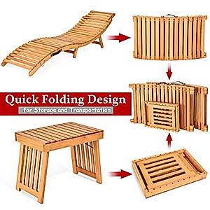Tangkula 3 Pcs Folding Patio Solid Eucalyptus Wood Lounge Chair Set, Outdoor Lounger Chair w/Foldable Side Table, Double-Sided Cushion Lounger Chairs Set for Garden Lawn Backyard(Red & White)
